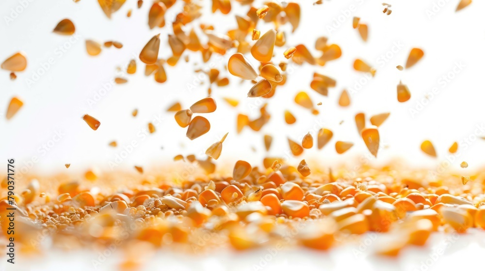 Falling dry yellow many corn seeds detailed on white background. AI ...