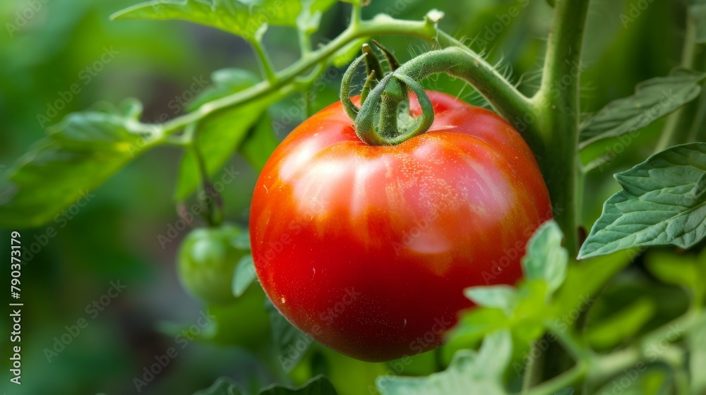Tomato on the vine: A ripe tomato hangs from the vine, its vibrant red ...