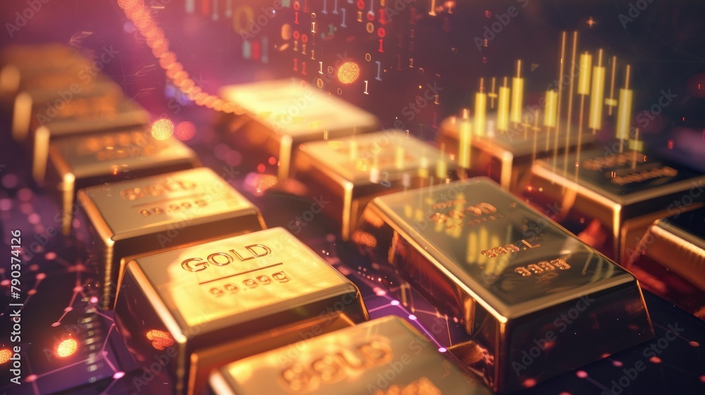 Digital representation of gold investments - Golden bars in a digitally ...