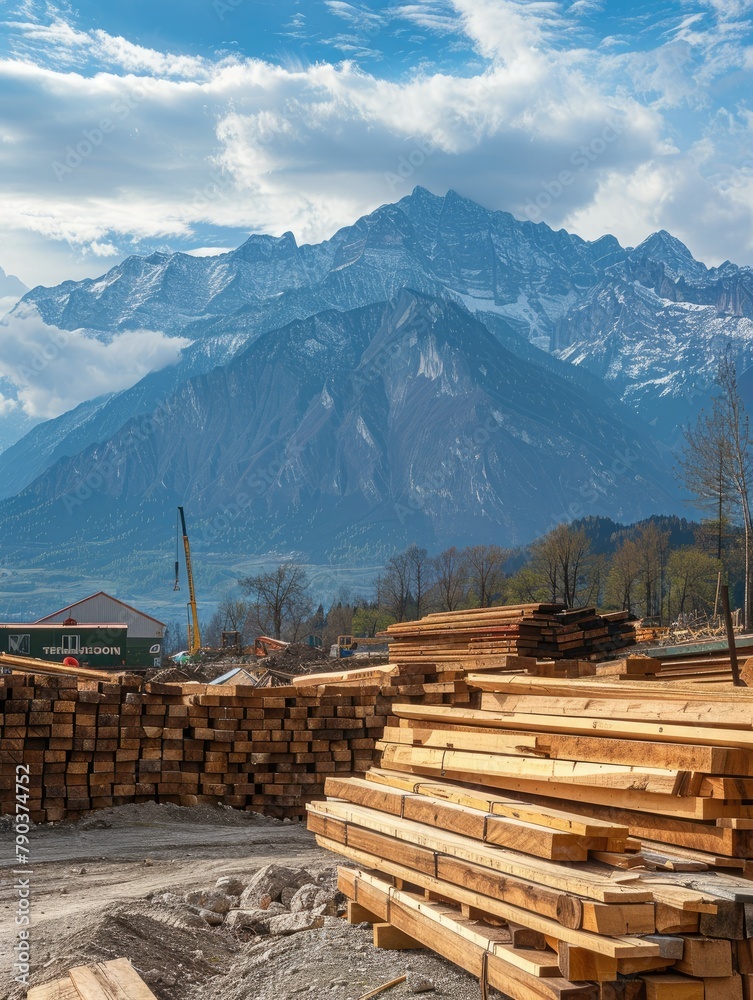 Lumber yard with mountain backdrop - Stacks of timber lumber with ...