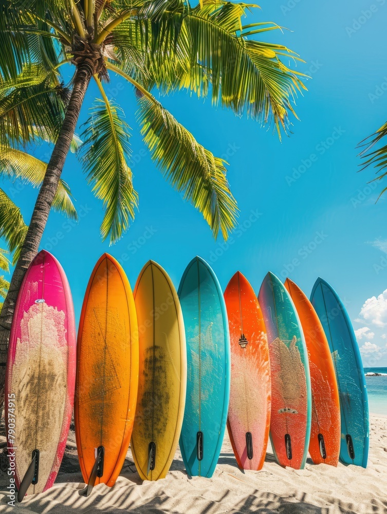 Row of surfboards on pristine tropical beach - Surfboards in a spectrum ...