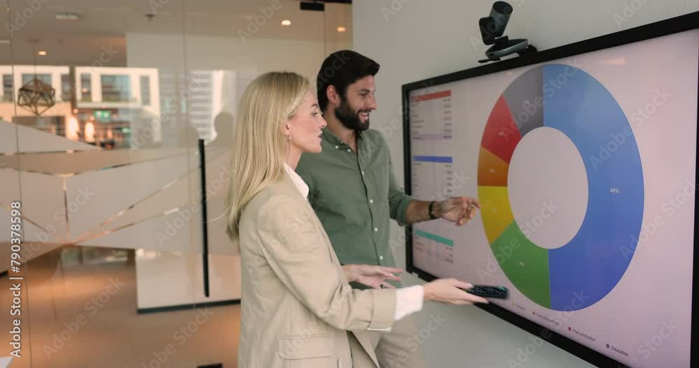 Two workmates stand near large screen displaying pie charts with ...
