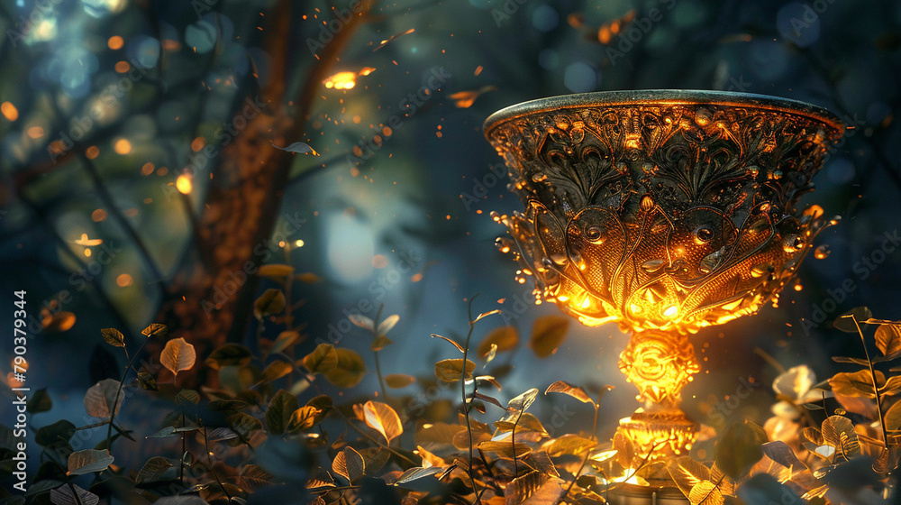 Magic Chalice, Ornate gold, Glowing softly in a moonlit forest, Leaves ...