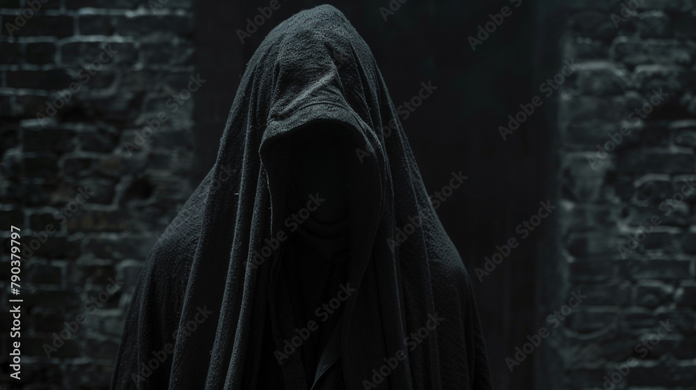 Shadowy figure, hooded cloak, lurking in the shadows, wandering through ...