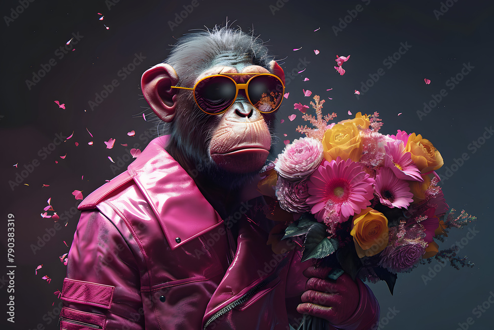 monkey ape animal character in sunglasses and pink leather jacket ...