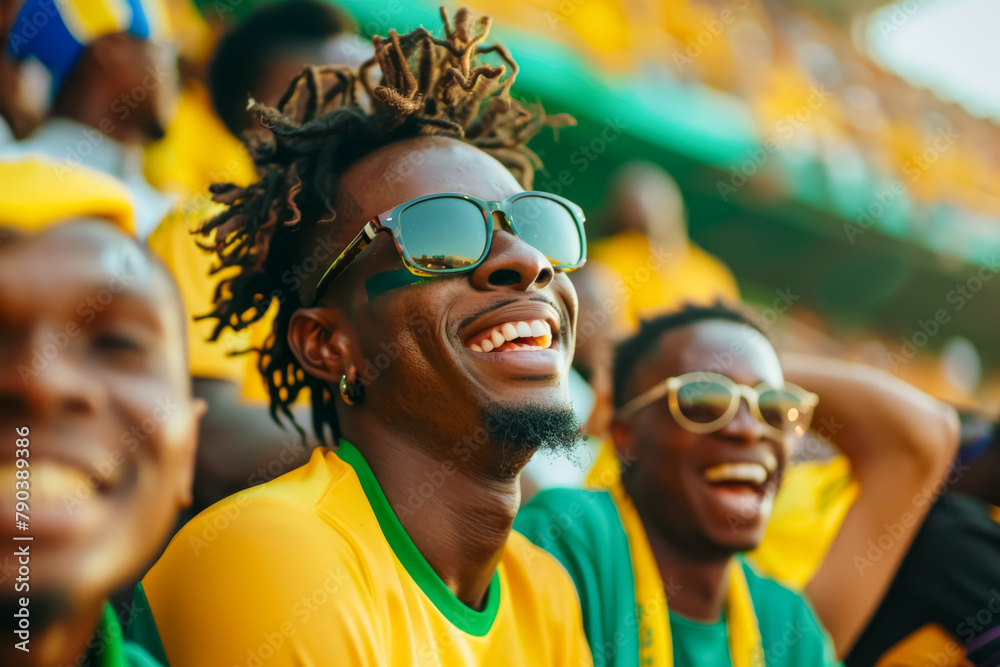 Jamaican football soccer fans in a stadium supporting the national team ...