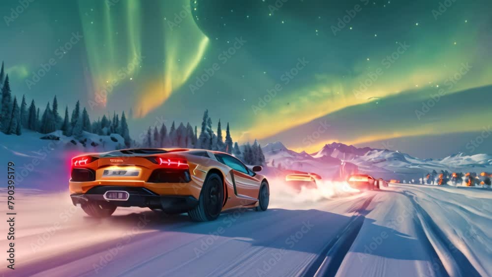 A car drives down a road covered in snow, the tires leaving tracks in ...