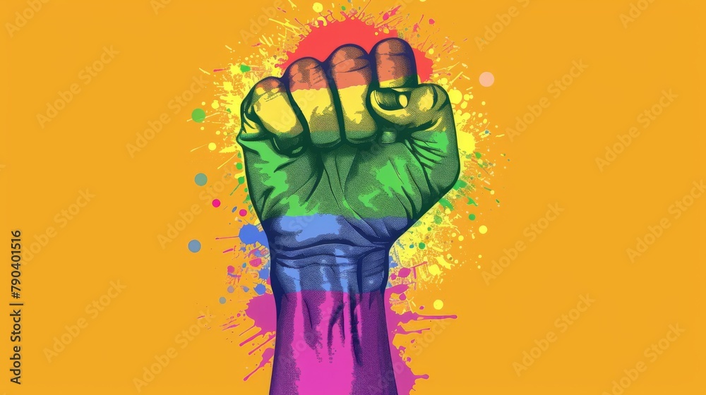 Illustration of a fist raised in the colors of the LGBT flag. Pride ...