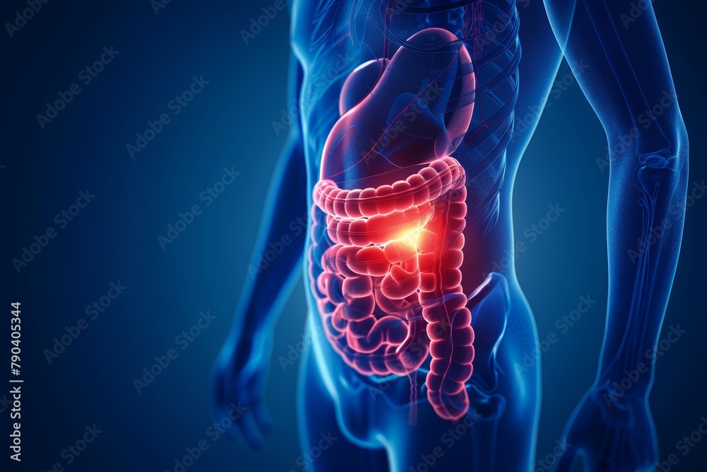 Medical illustration of a model with abdominal pain. Gut and stomach ...