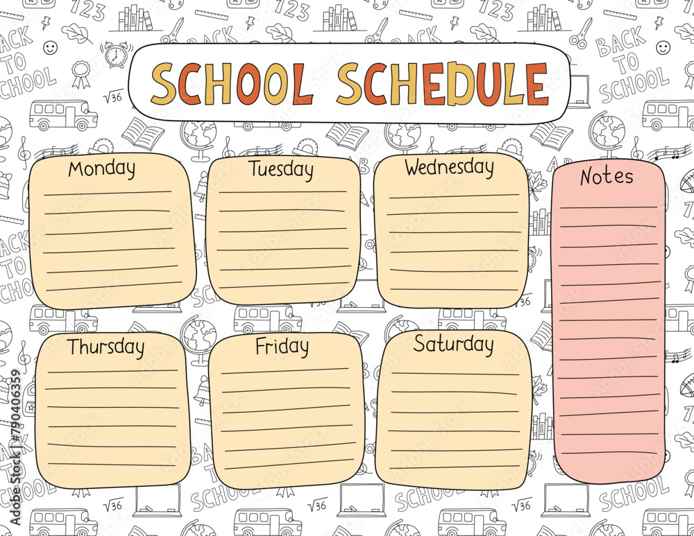 School Schedule template printable US Letter size vector. Weekly class ...