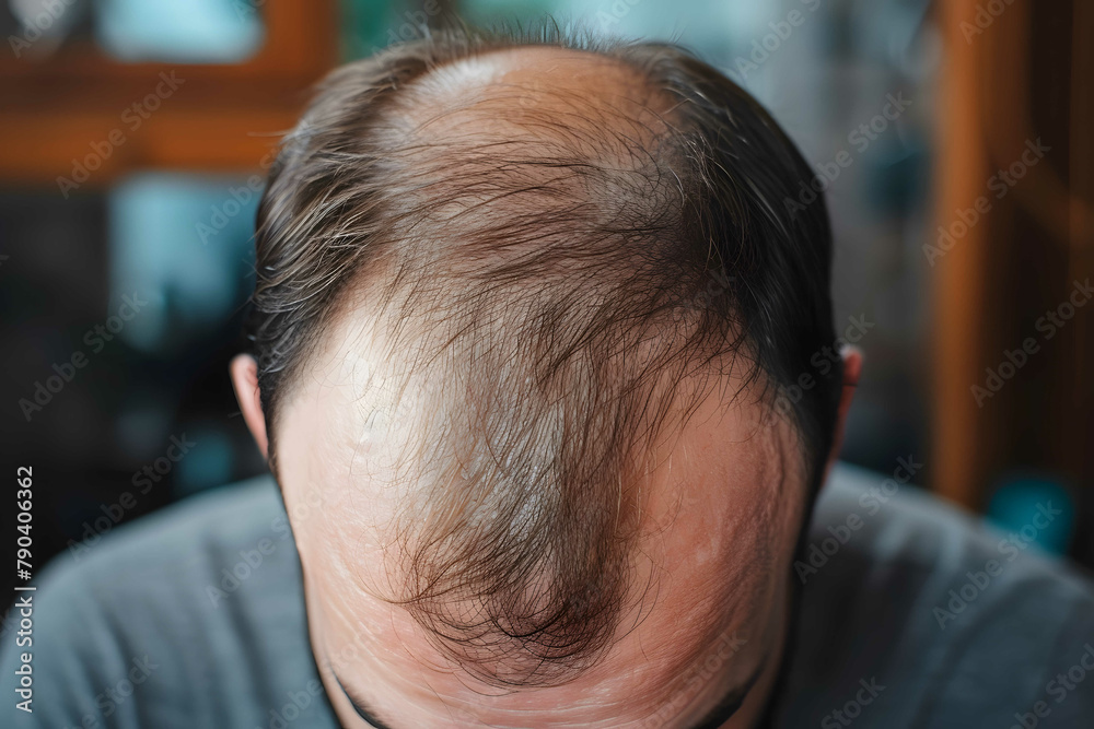 Una mujer joven con la enfermedad de alopecia areata muestra varias ...