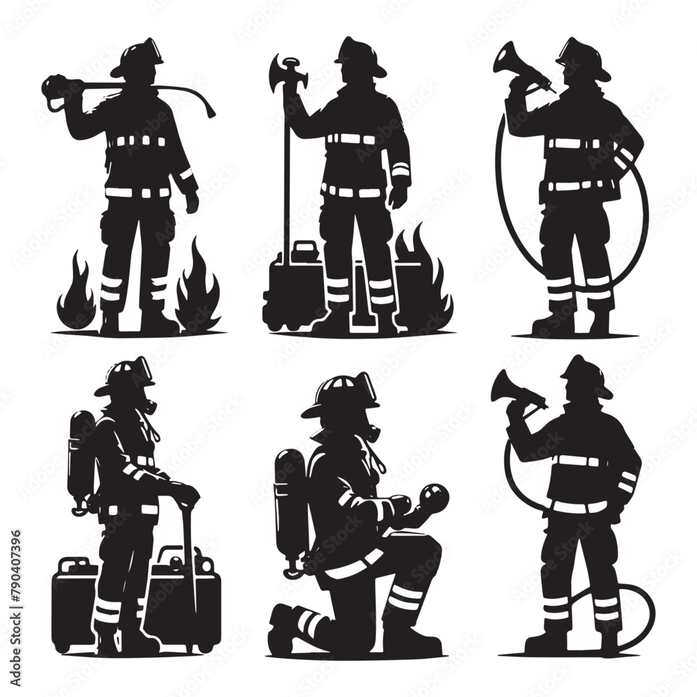 retro vintage firefighter silhouette black and white illustration ...