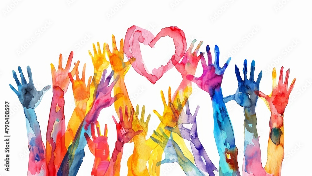 Watercolor painting of colorful hands and a heart as a symbol of love ...