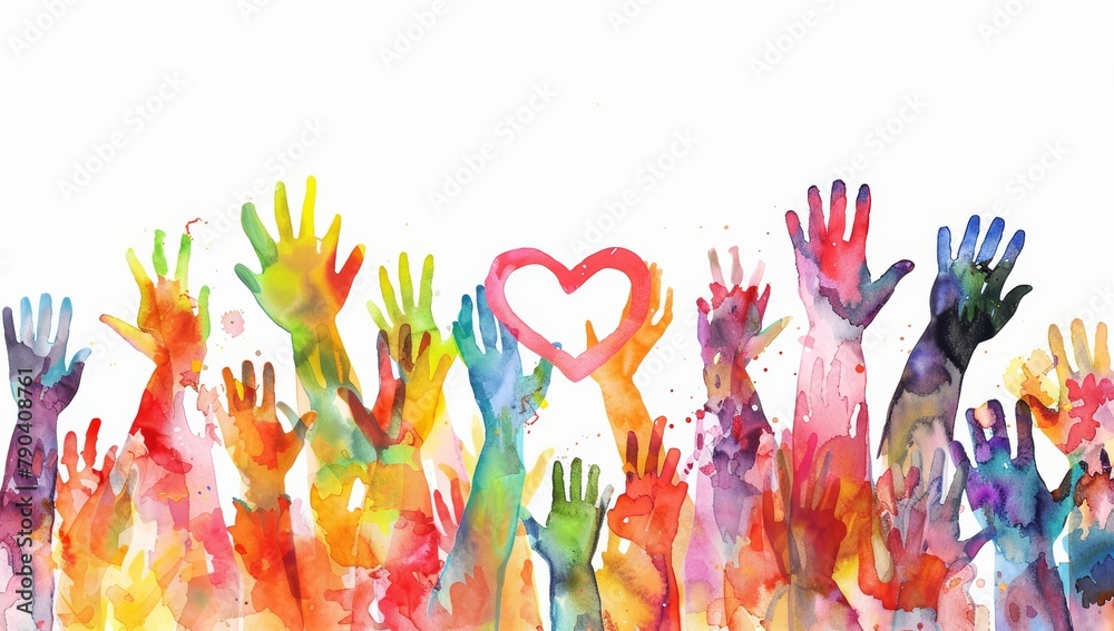 Watercolor painting of colorful hands and a heart as a symbol of love ...