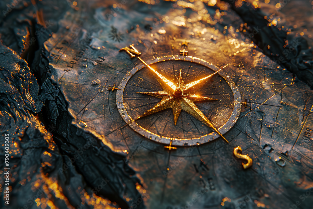 A compass rose etched into the surface of an ancient map, guiding ...