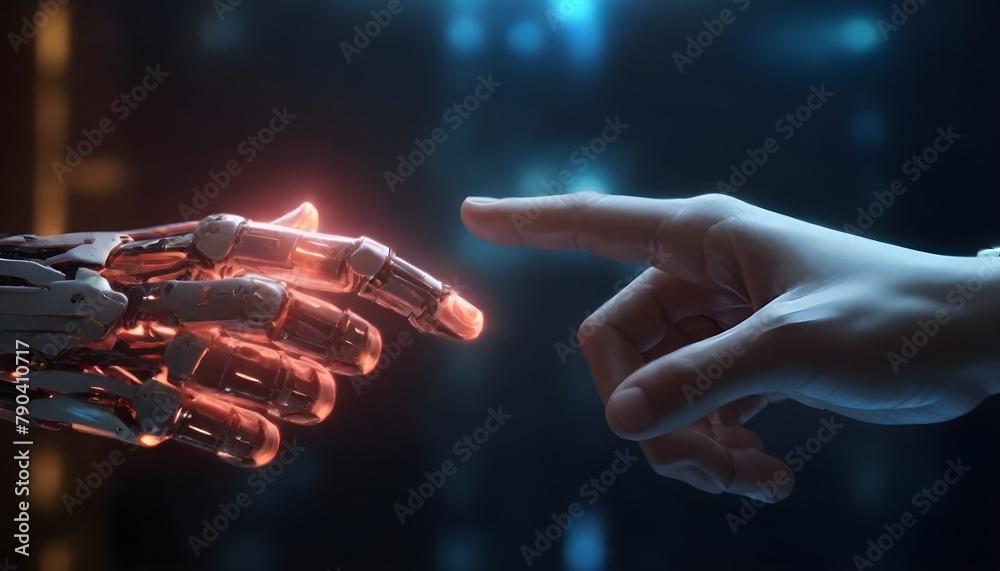 A human hand reaching out to touch a glowing robotic hand against a ...