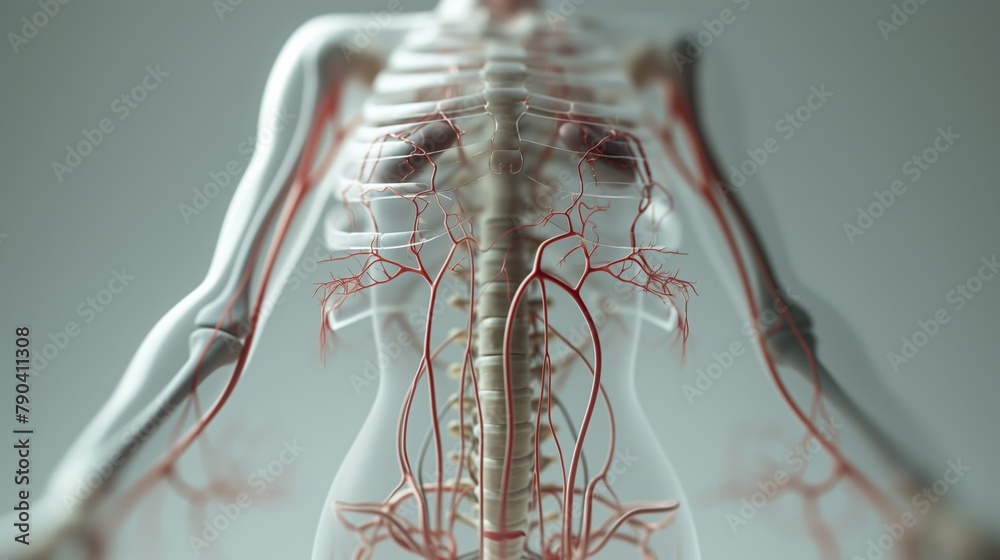 Detailed view of the human circulatory system on a transparent figure ...