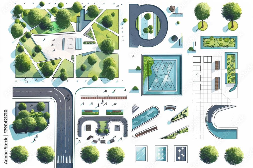 Vektorová grafika „Architectural Drawings, people plan vector in park ...