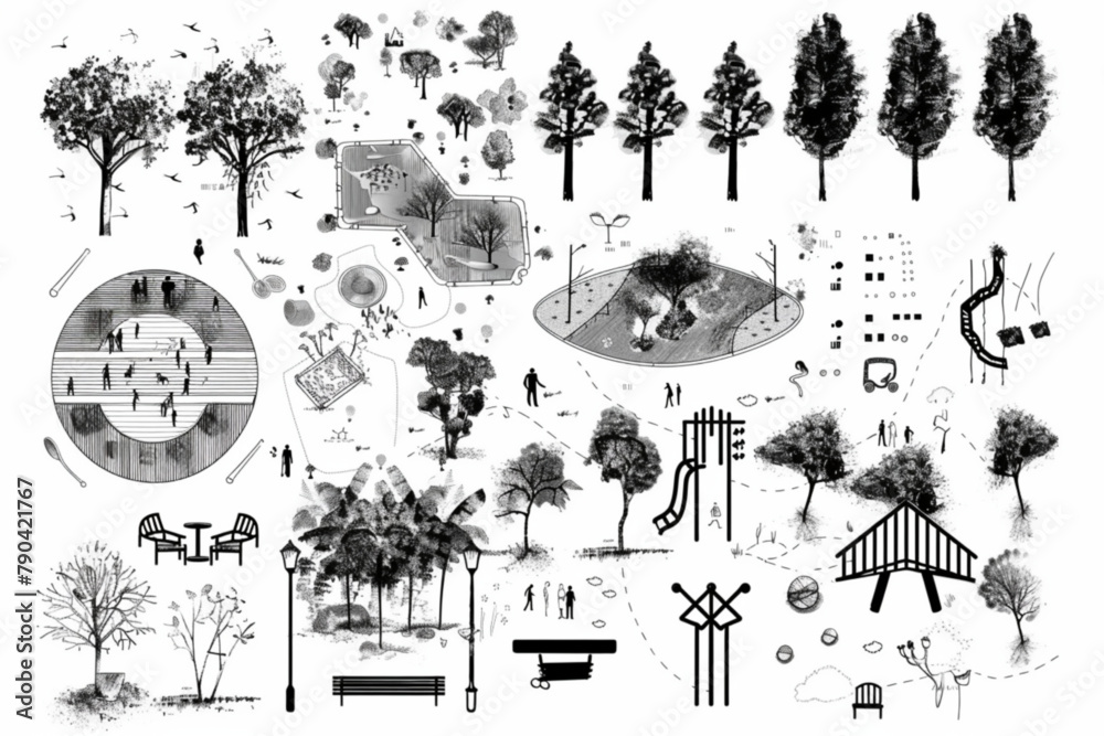 Architectural Drawings, people plan vector in park out door ...