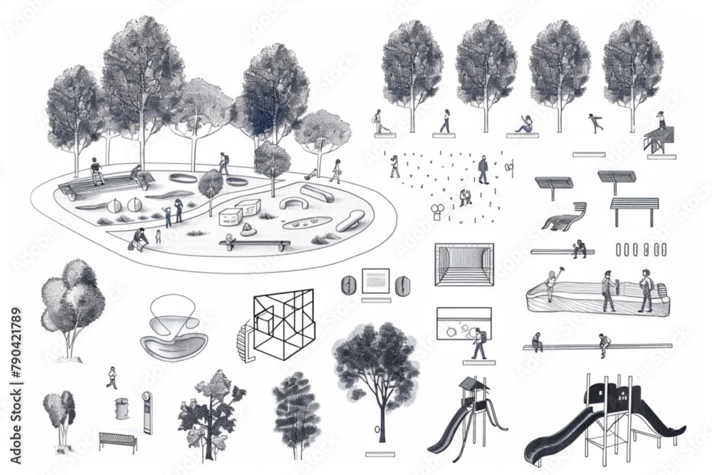 Architectural Drawings, people plan vector in park out door ...