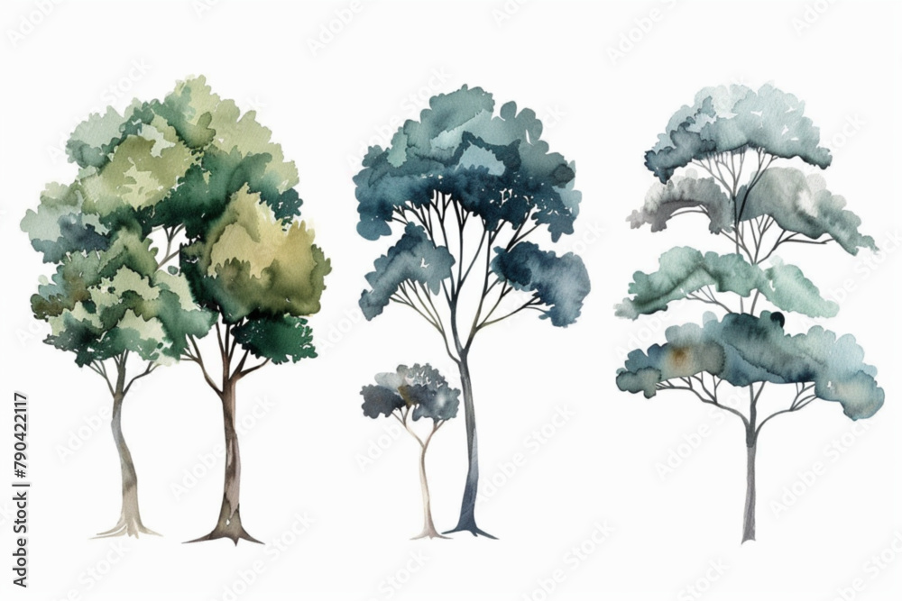 banner, tree watercolor vector illustration, Minimal style tree ...