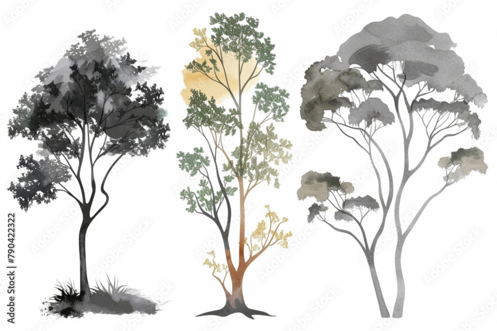banner, tree watercolor vector illustration, Minimal style tree ...