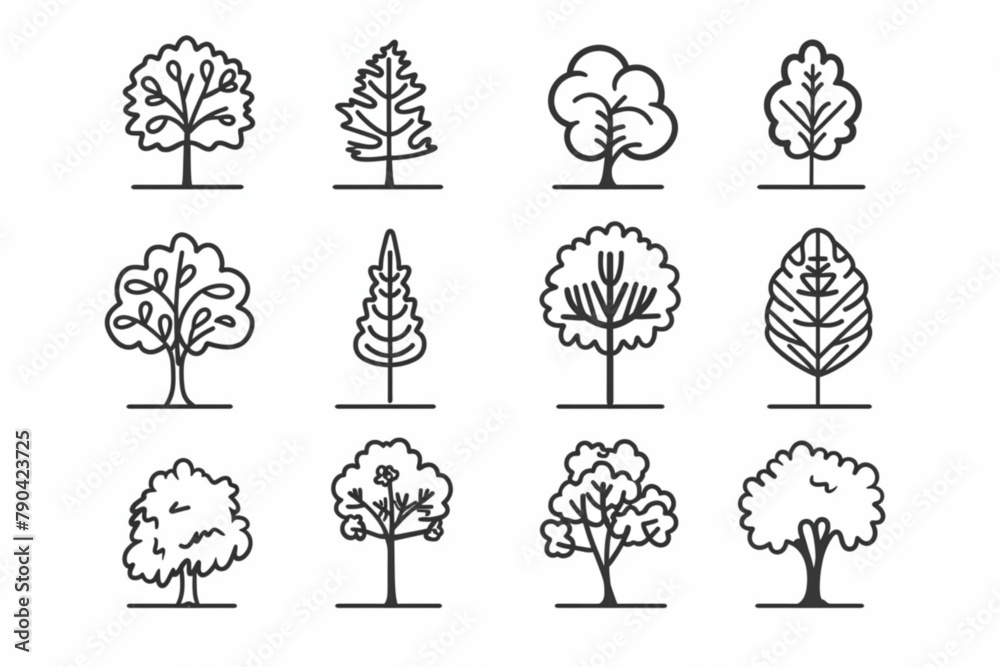 Minimal style cad tree line drawing, Side view, set of graphics trees elements outline symbol ...