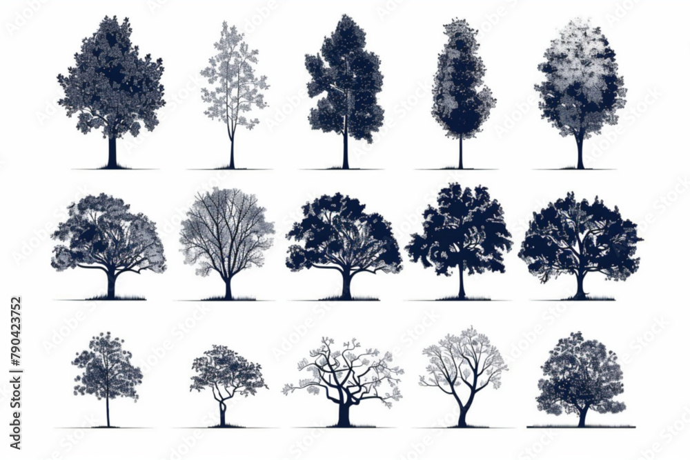 Minimal style cad tree line drawing, Side view, set of graphics trees ...
