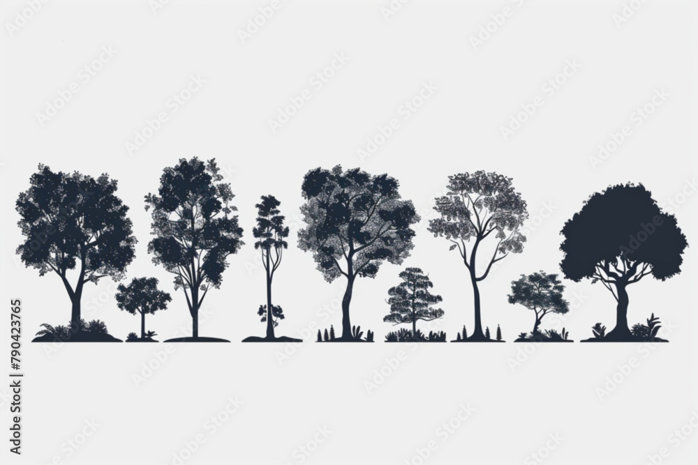 Minimal style cad tree line drawing, Side view, set of graphics trees ...