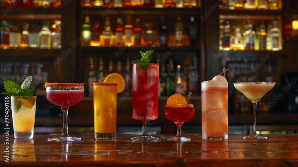 An array of five different cocktails is presented on a wooden bar ...