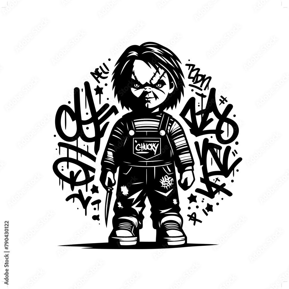 Chucky; doll silhouette, horror character in graffiti tag, hip hop ...