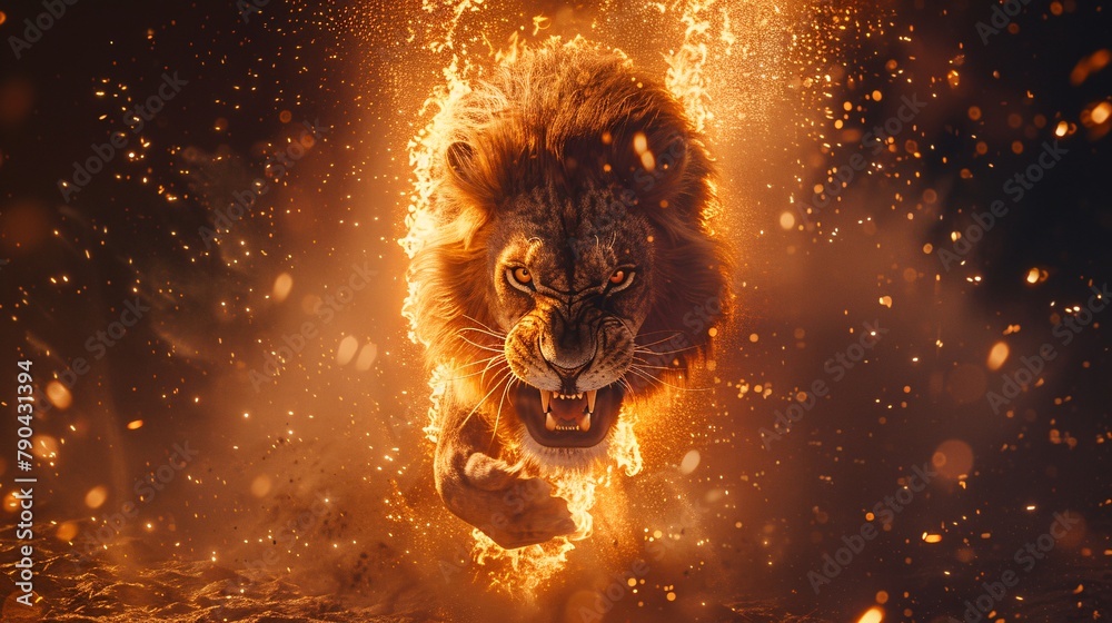 An angry lion with an open mouth. expression of anger. Portrait of a ...