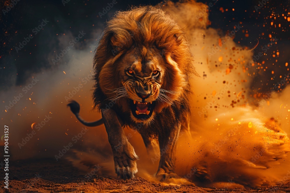 An angry lion with an open mouth. expression of anger. Portrait of a ...