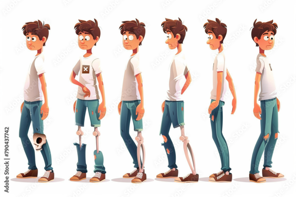 Vetor de Set of sad character man with injuries. Fracture or ...