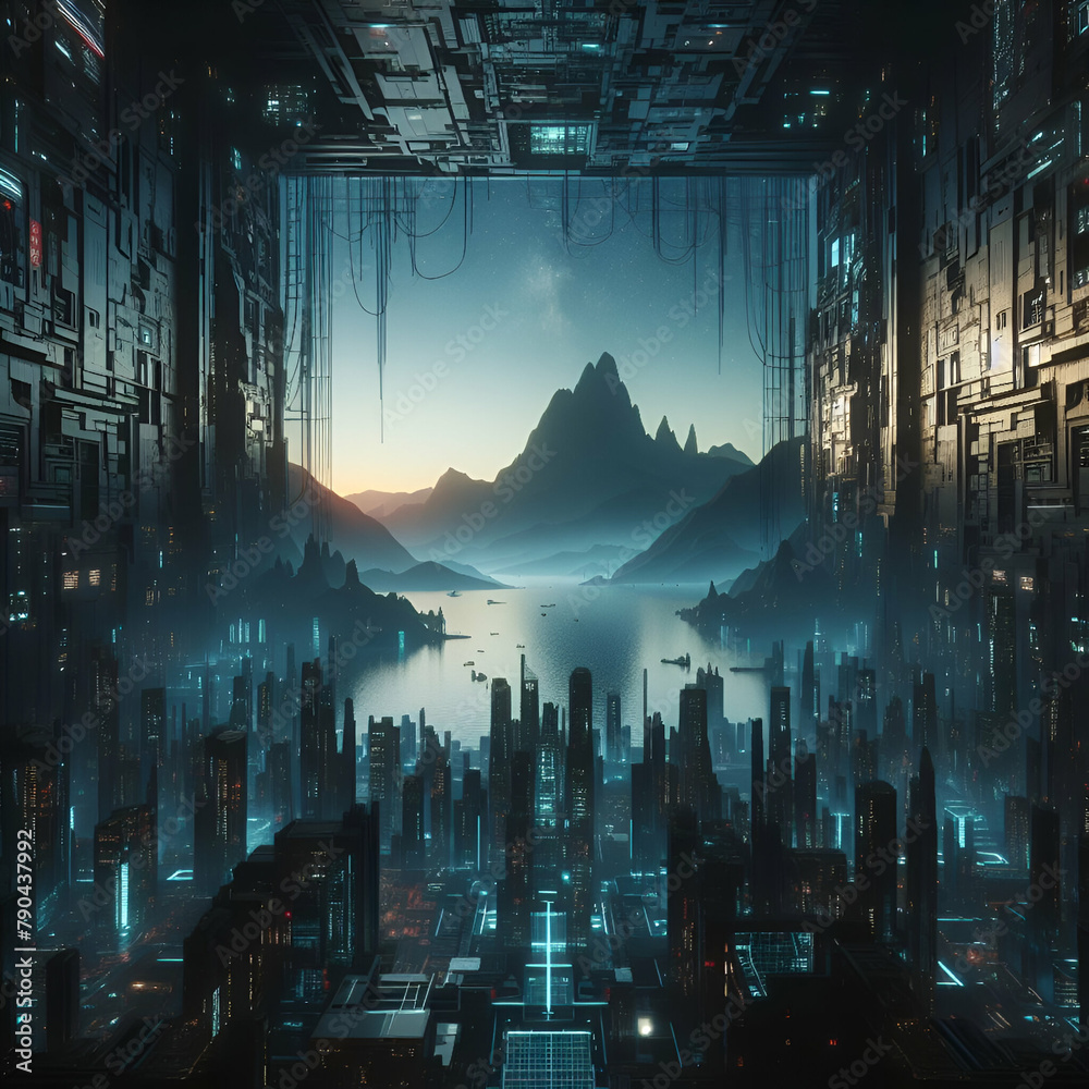 View Inside Dark Cyberpunk Capital City with Modern Buildings with ...