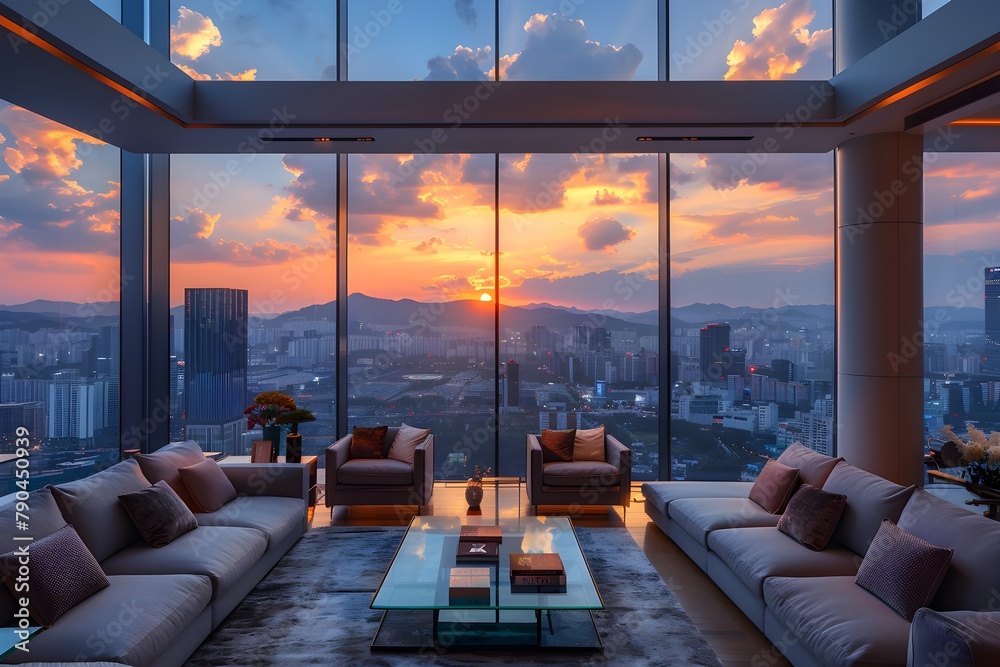 This is a photo of a luxurious office interior with floor-to-ceiling ...