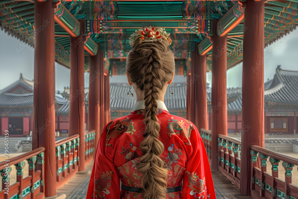 Back view of a girl wearing a red hanbok walking down a long hallway of ...