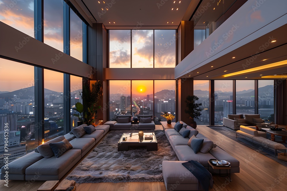 This is a photo of a luxurious office interior with floor-to-ceiling ...