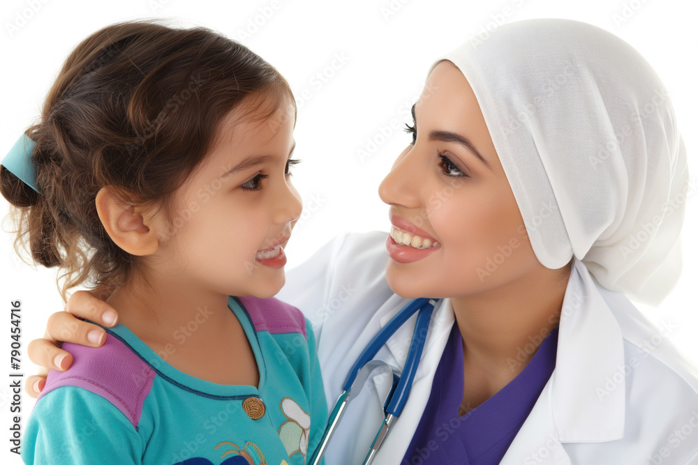 a 25 years old arabian hijab female pediatric with uniform talk with ...