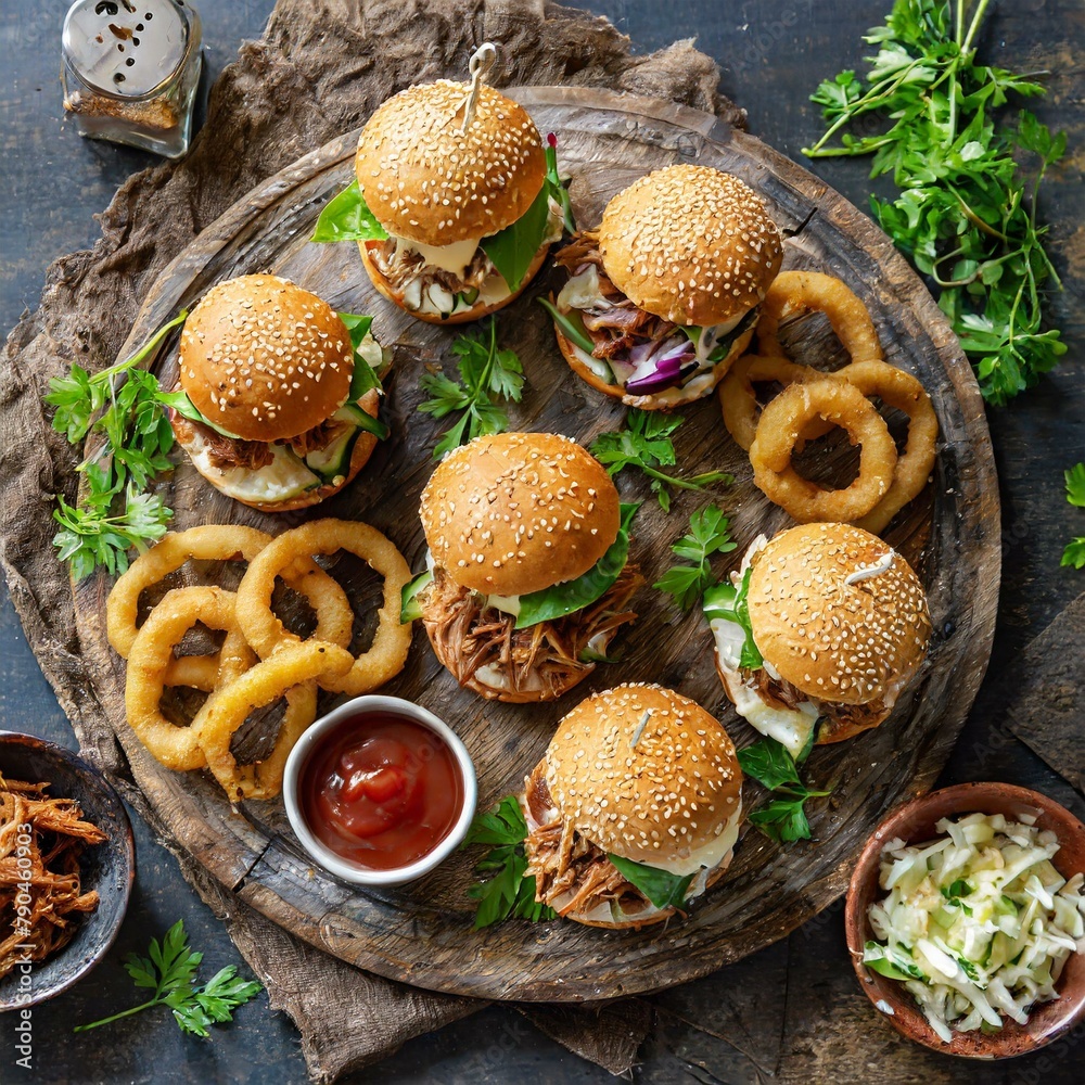 Top view, A platter of gourmet sliders, featuring mini sandwiches ...