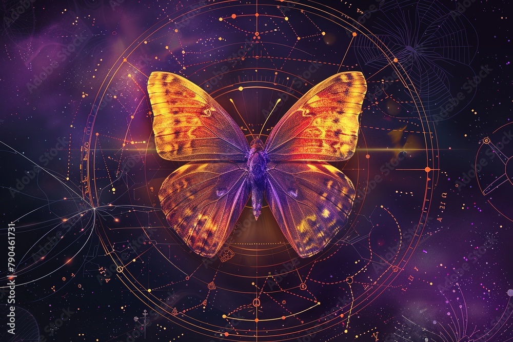 Cosmic orange and purple portrayal of a butterfly through zodiac ...