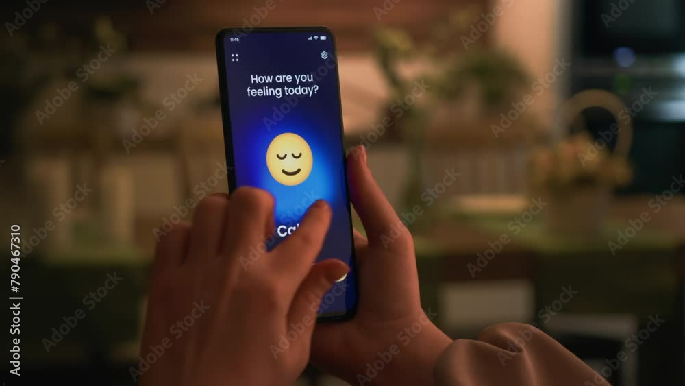 Tracking emotions on a mood tracker app. Choosing a happy emoticon and ...