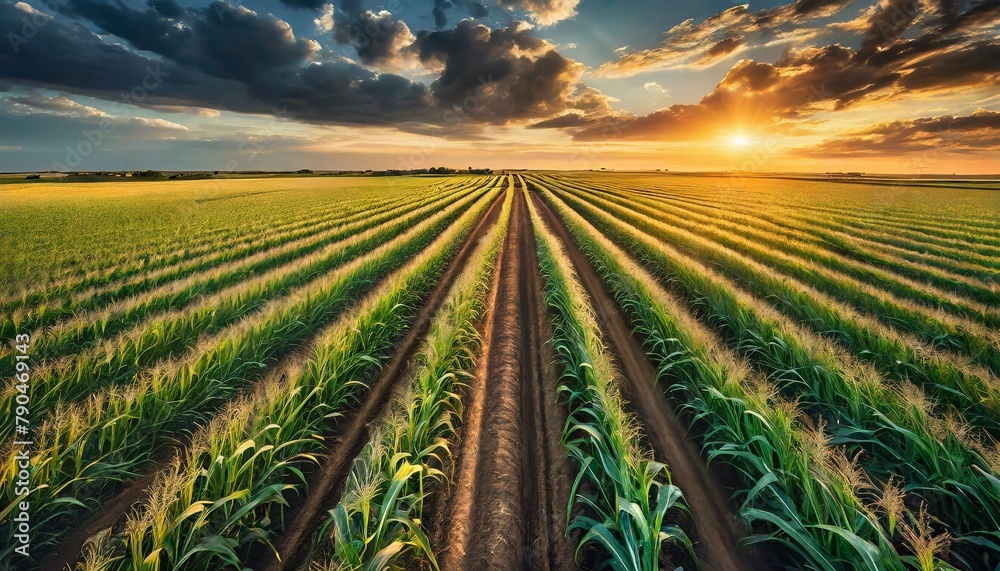 Top view, Biofuel crops blanket agricultural fields, with rows of corn ...