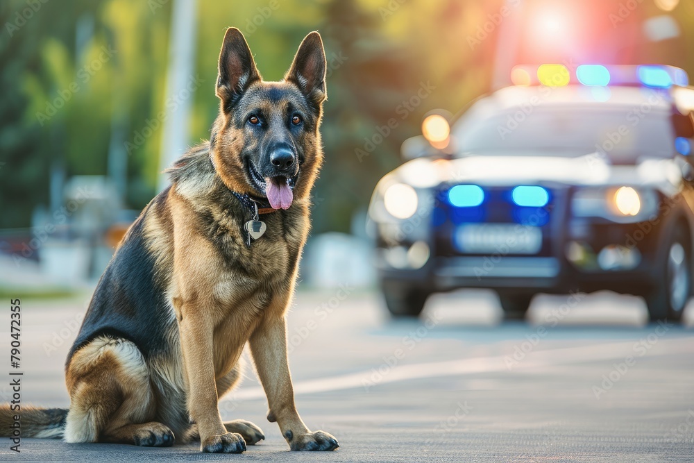 Trained German Shepherd police dog sitting in front of a patrol car ...