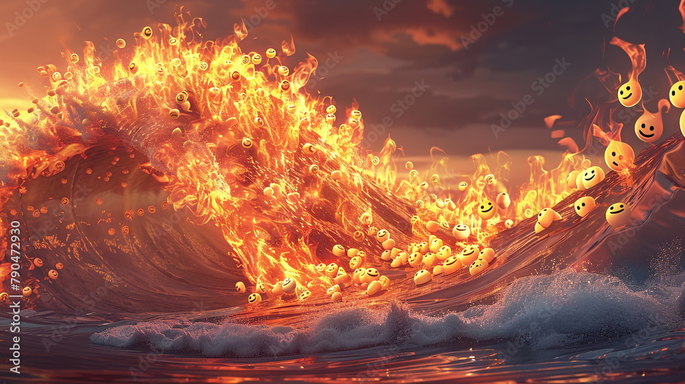 A dynamic wave made entirely of fire emojis, rolling across the scene ...