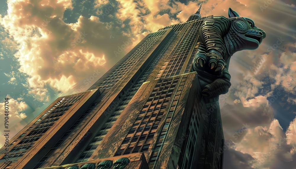 Imagine a sphinx perched atop the Empire State Building, seen from a ...