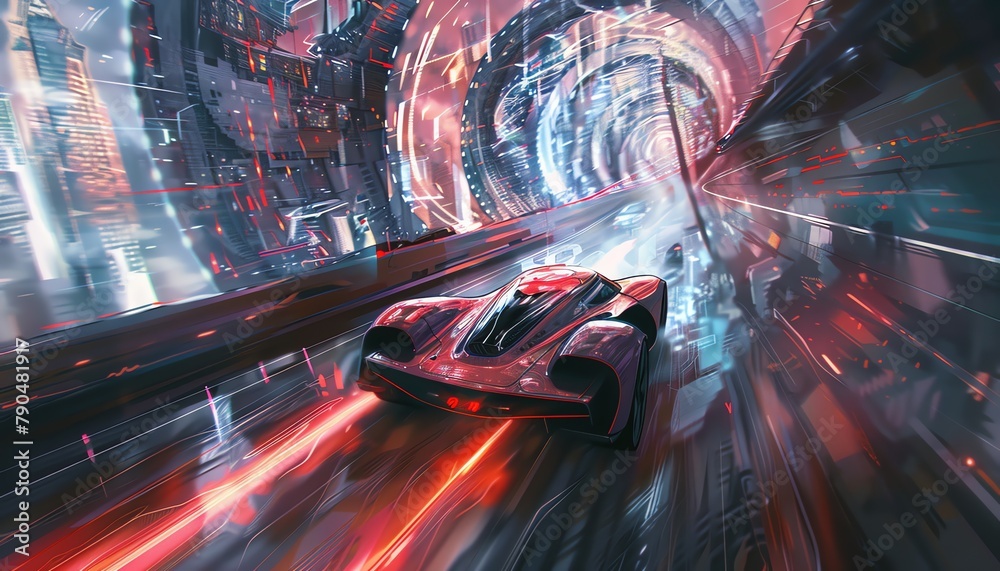 Craft a digital 3D rendering of a surreal car race through a twisted ...