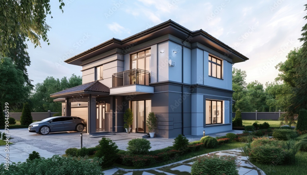 Modern minimalist house seamlessly blends with nature, car parked ...