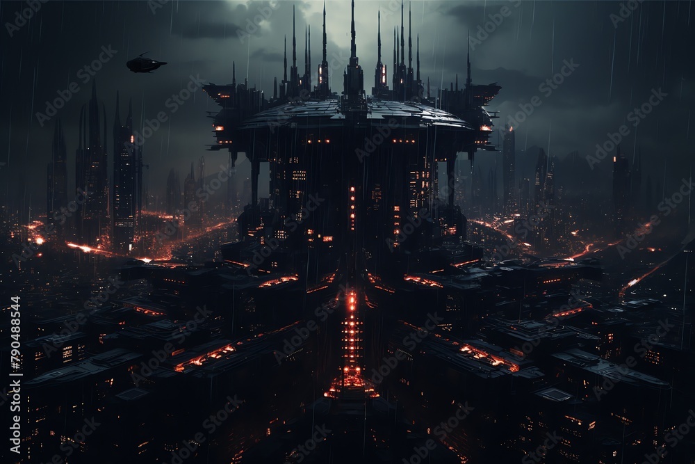 Illustrate a dark, futuristic cityscape from a drones perspective ...