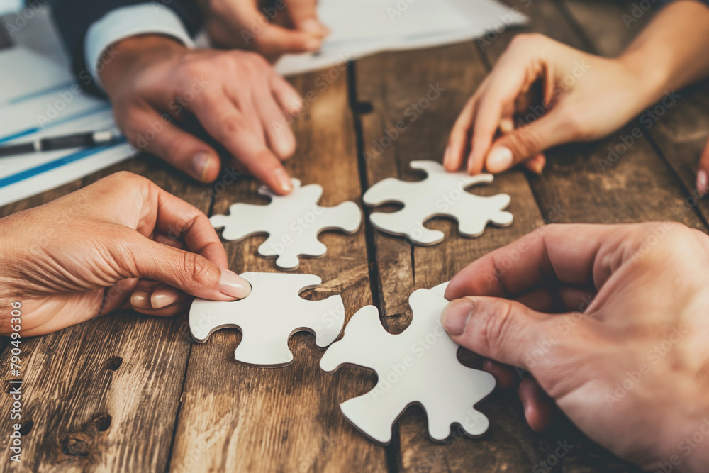 Diverse hands assemble puzzle on rustic table. Teamwork builds ...